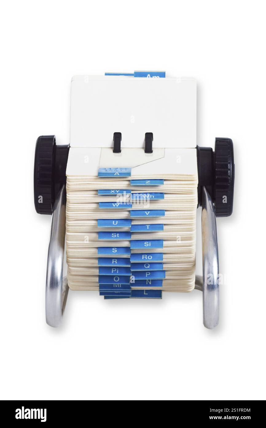 Scrolling card index cut out on a white background Stock Photo - Alamy