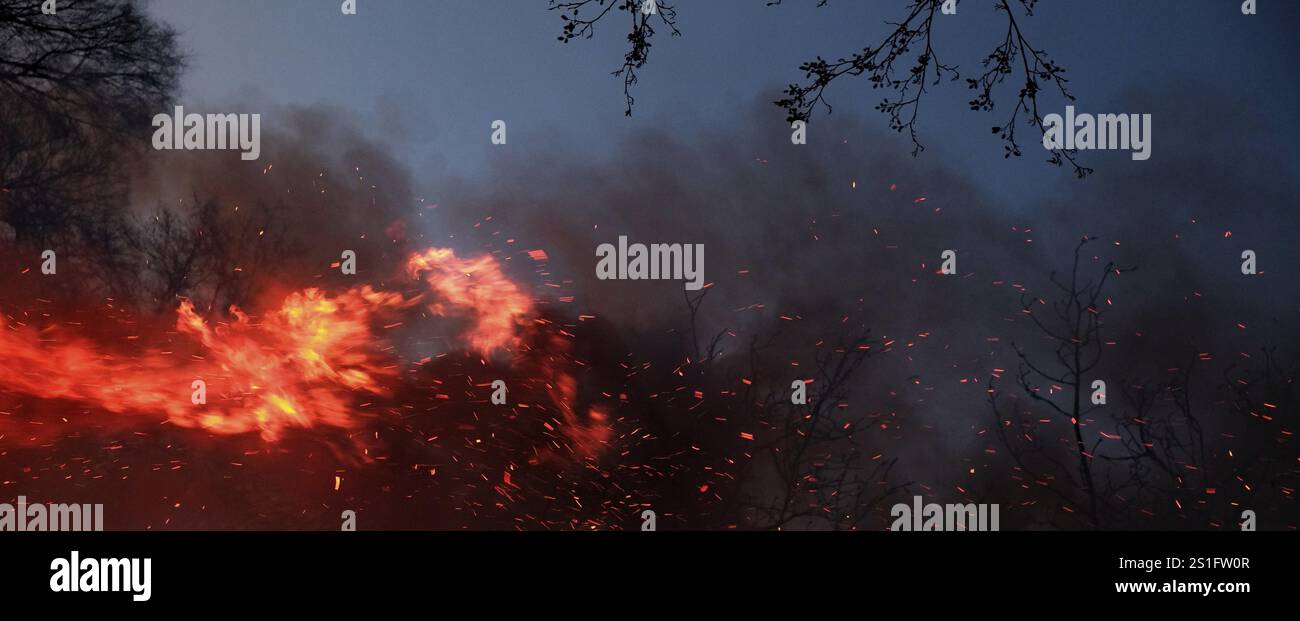 Fire with flying sparks, smoke and blazing flames at dusk. Landscape ...