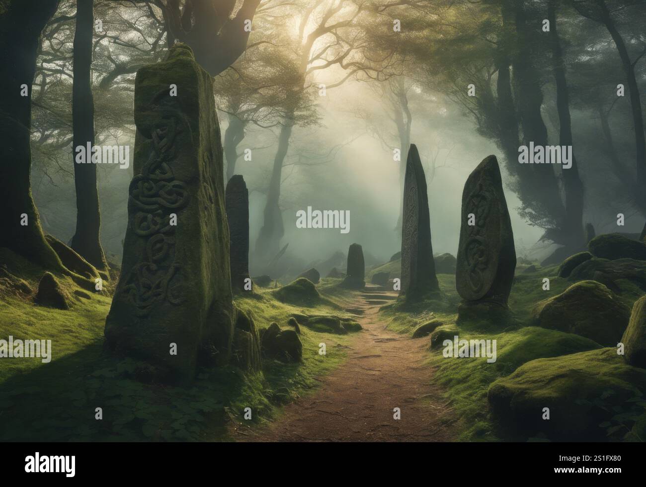 Mystical Celtic forest with ancient stones and glowing runes. Generated ...