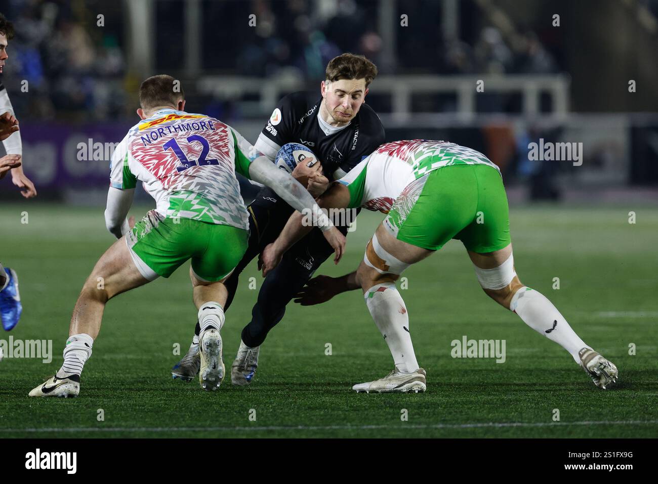 Newcastle, Gbr. 21st Dec, 2024. Ben Stevenson of Newcastle Falcons is tackled during the ...