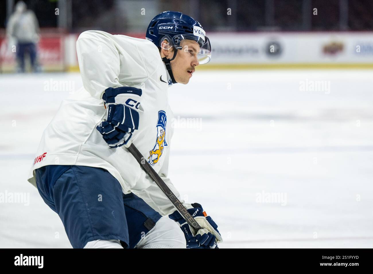 Jesse Nurmi of, Finland. , . at a practice session during the 2025 IIHF ...