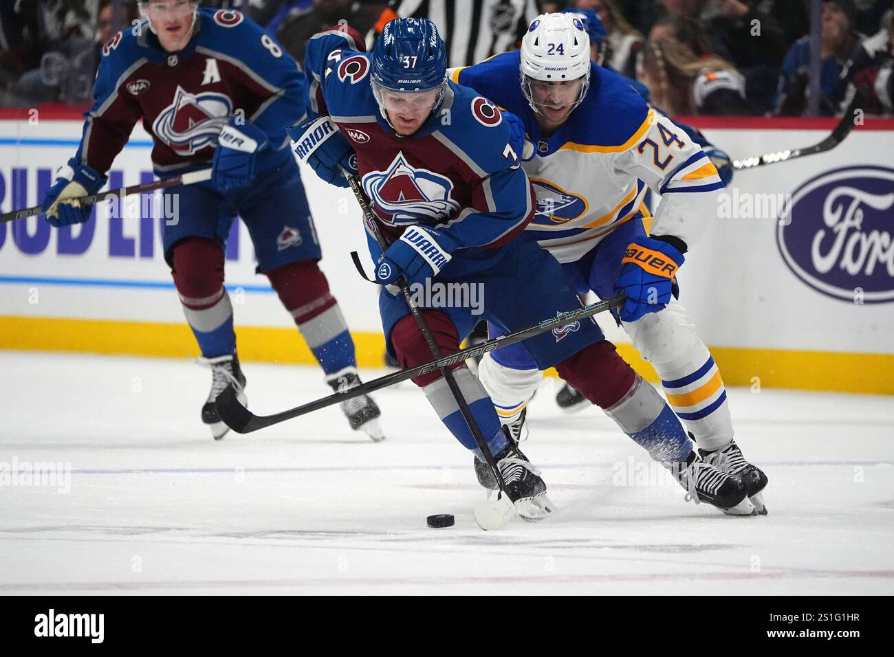 Colorado Avalanche center Casey Mittelstadt (37) and Buffalo Sabres ...
