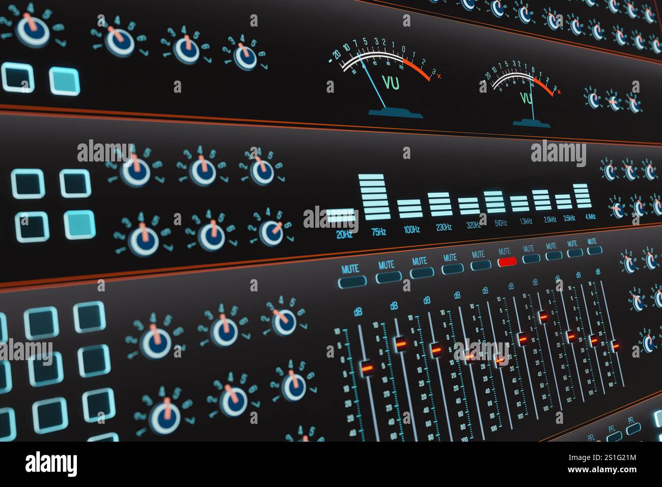 Sound mixer user interface. Sound mixer user interface with volume unit, equalizer, buttons and ...
