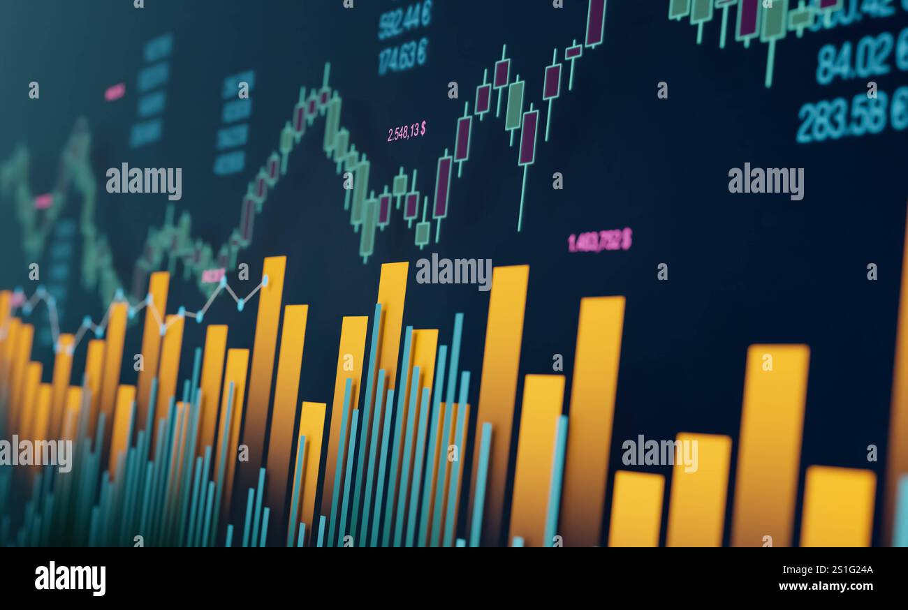 Abstract composition of stock exchange charts, bar graph and market ...