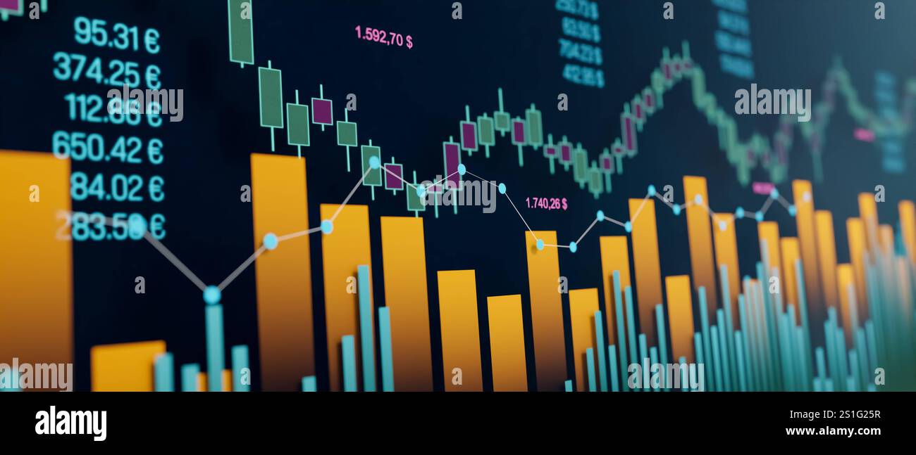 Close-up of stock exchange charts, bar graph and market data, abstract ...