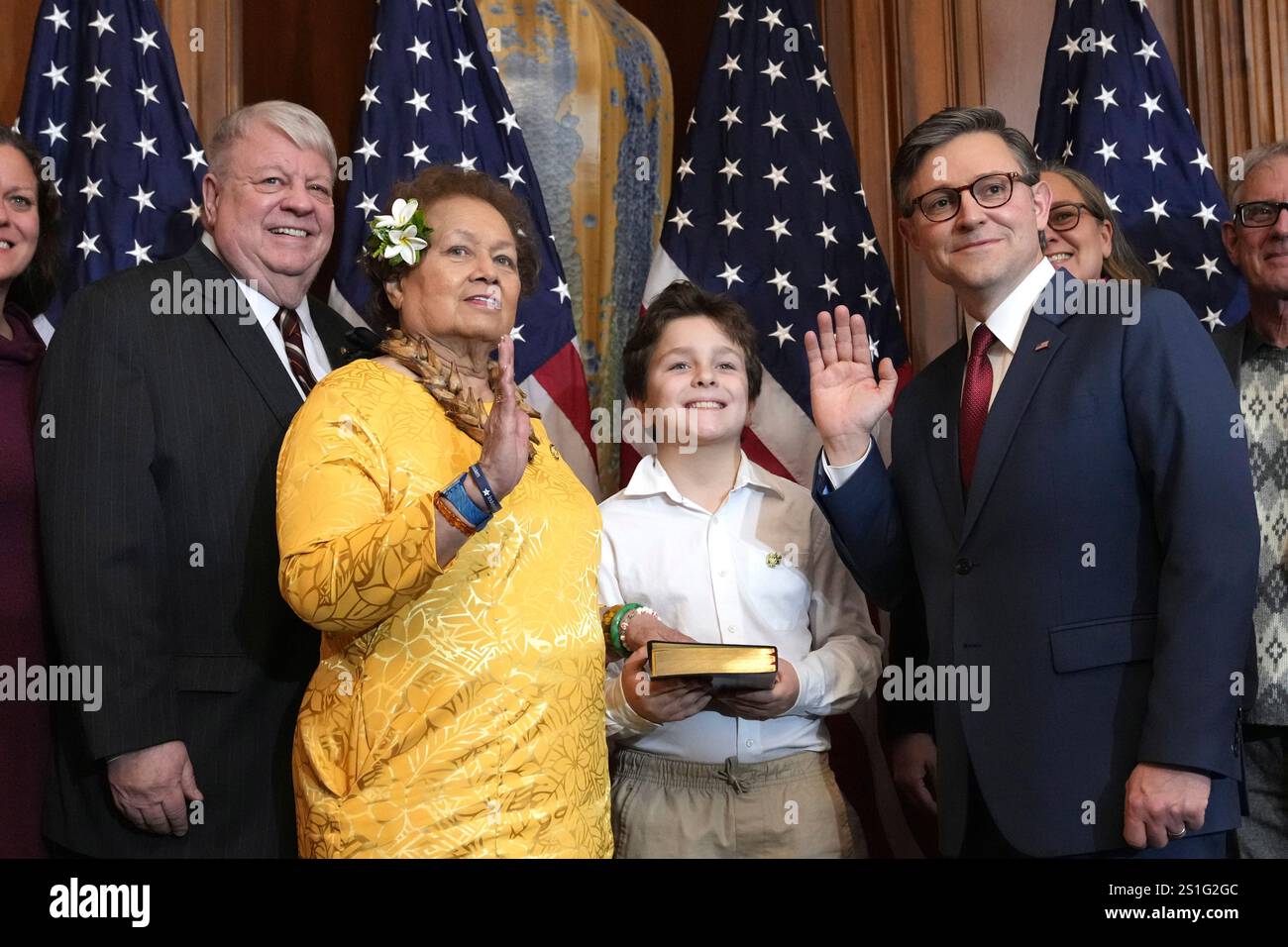 House Speaker Mike Johnson, R-La., right, poses during a ceremonial ...