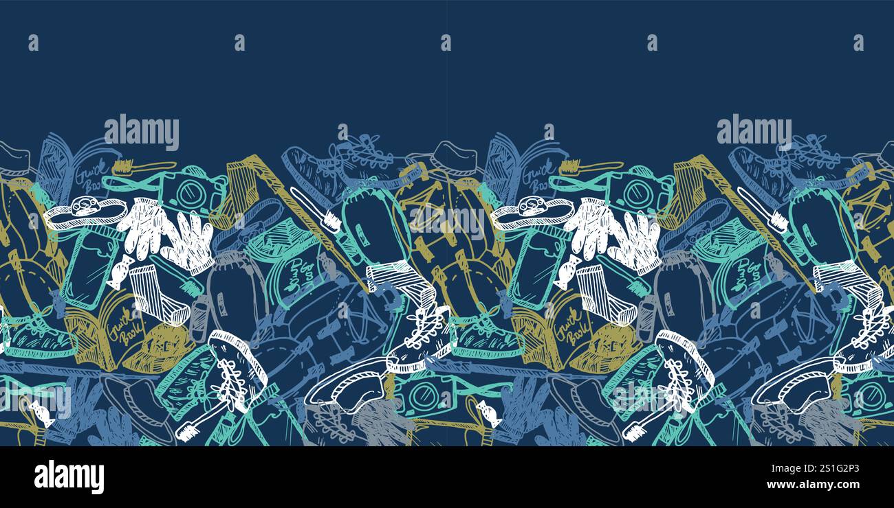 Vector blue doodle sketch chaotic overlap horizontal border pattern ...