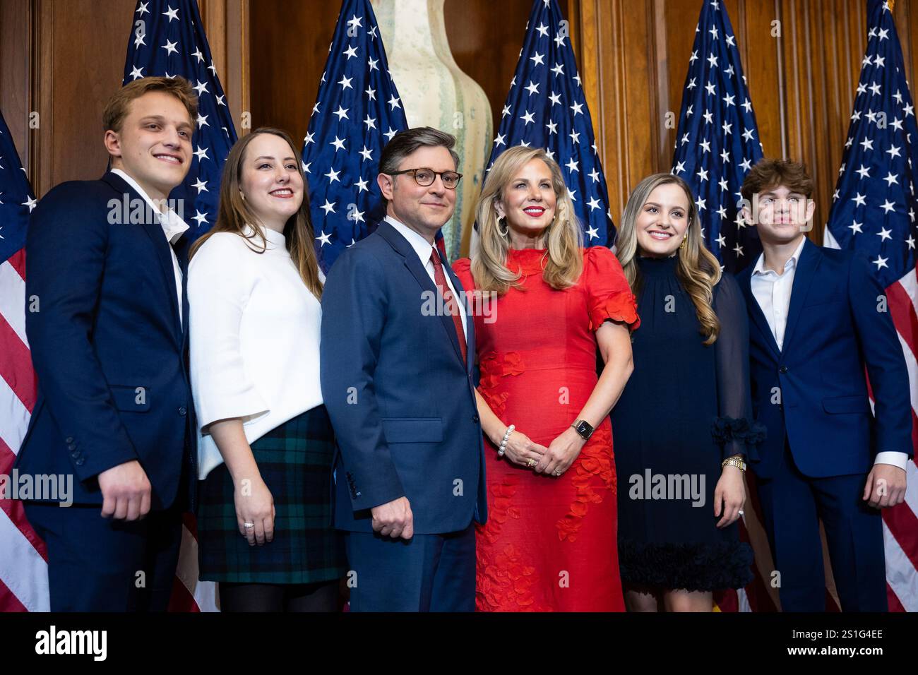 House Speaker Mike Johnson (R-La.) poses for a photo with, from left, his son Jack, his daughter ...
