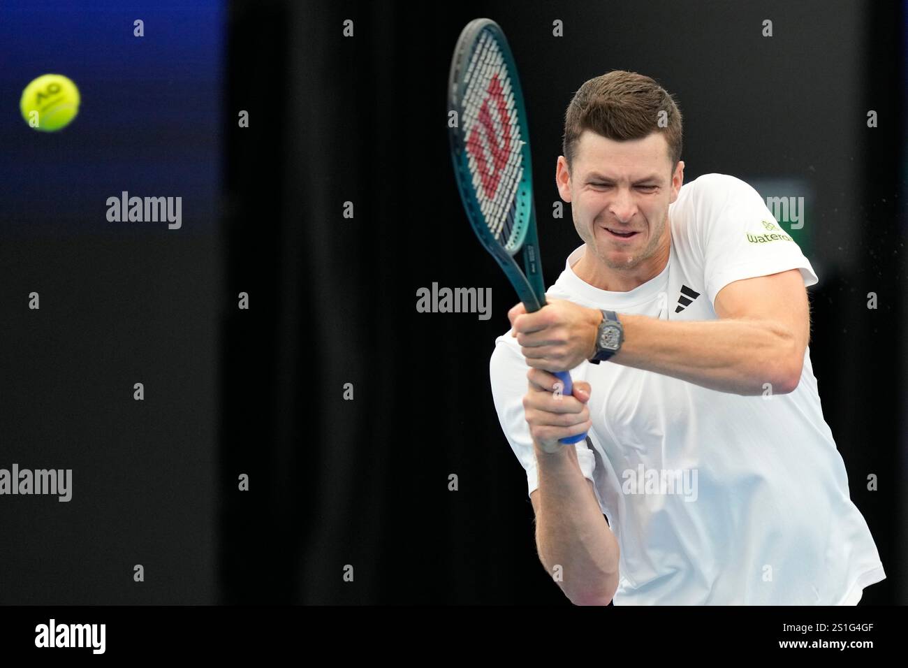 Poland's Hubert Hurkacz plays a backhand to Kazakhstan's Alexander ...