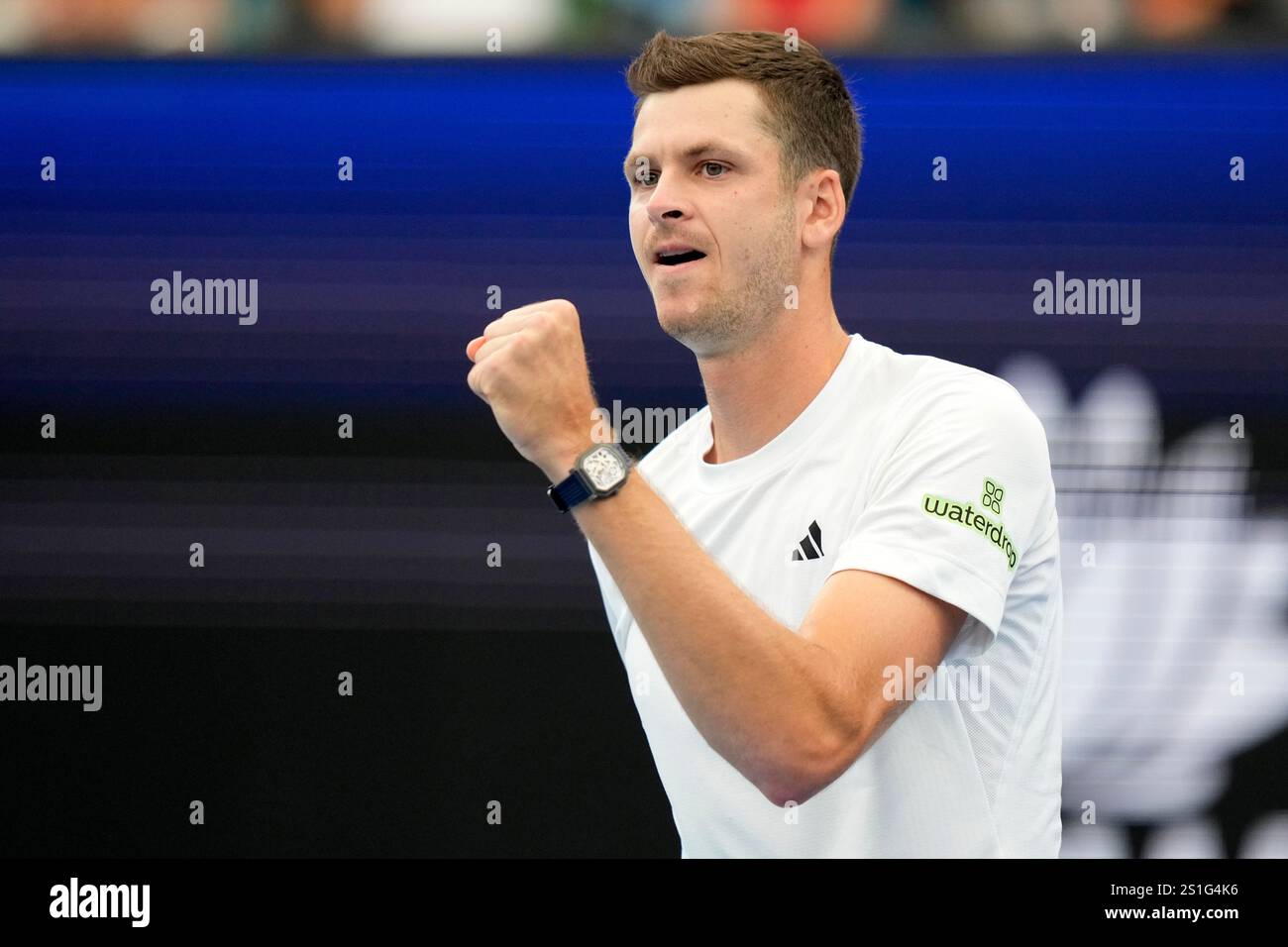 Poland's Hubert Hurkacz celebrates winning point against Kazakhstan's ...