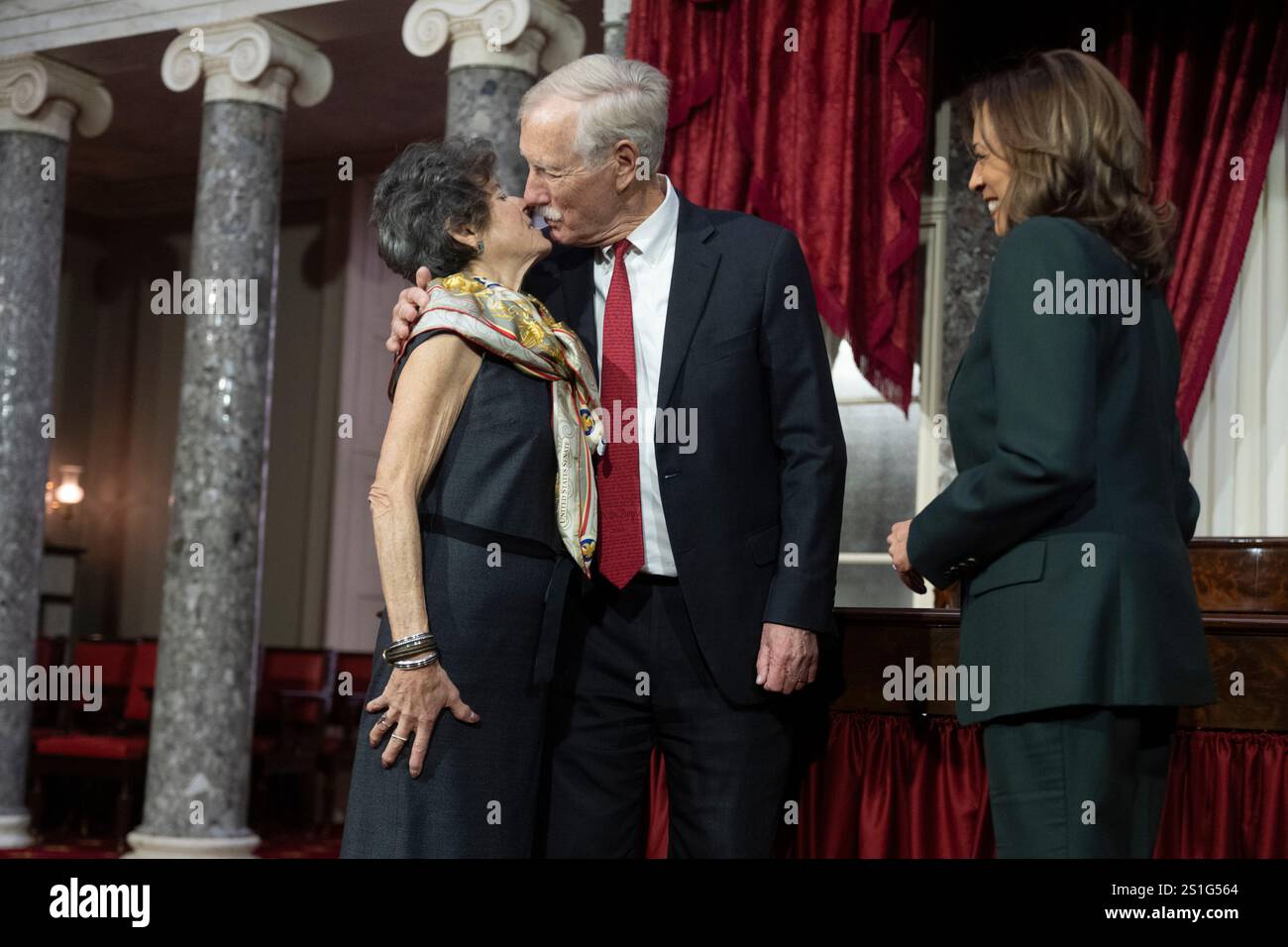 Sen. Angus King, I-Maine, center, kisses his spouse Mary Herman, left ...