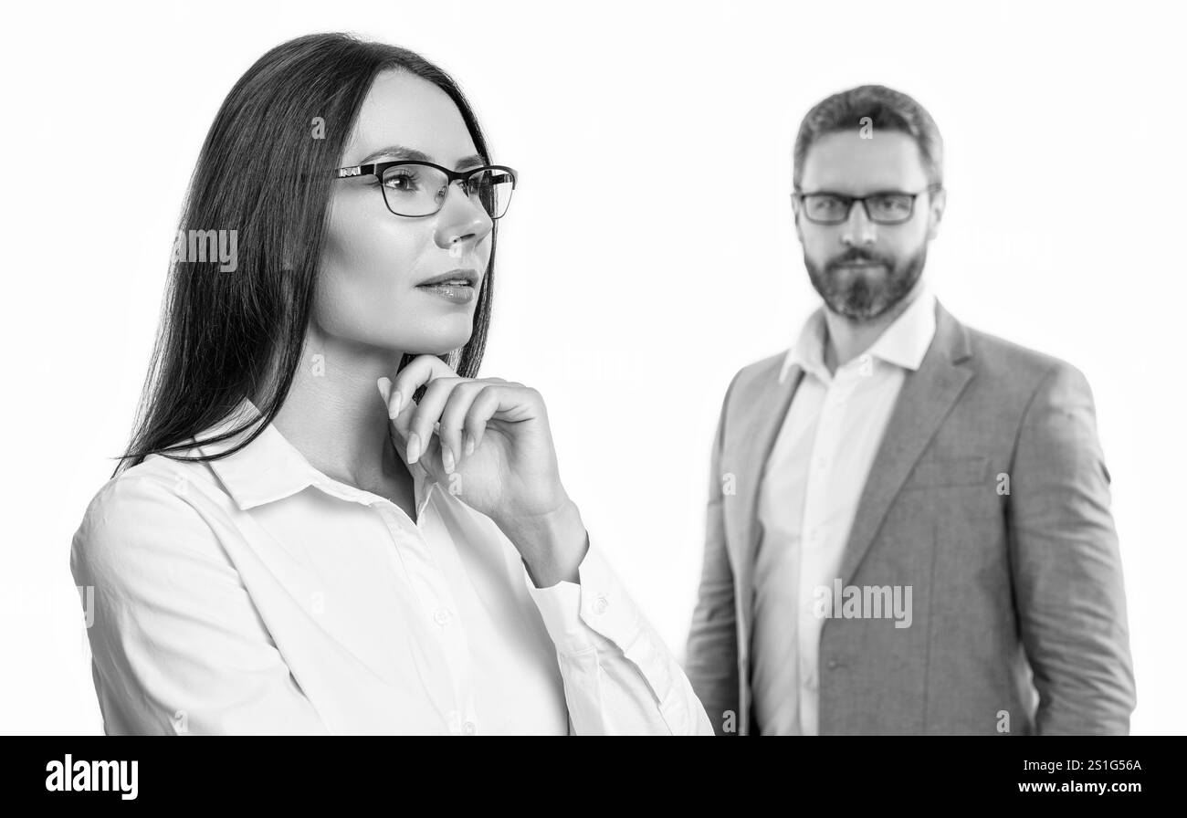Business man and woman look in glasses. Businesspeople represent ...