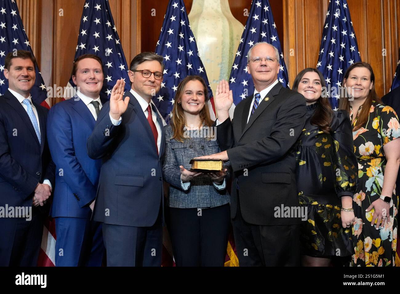 House Speaker Mike Johnson, R-La., center left, poses during a ...