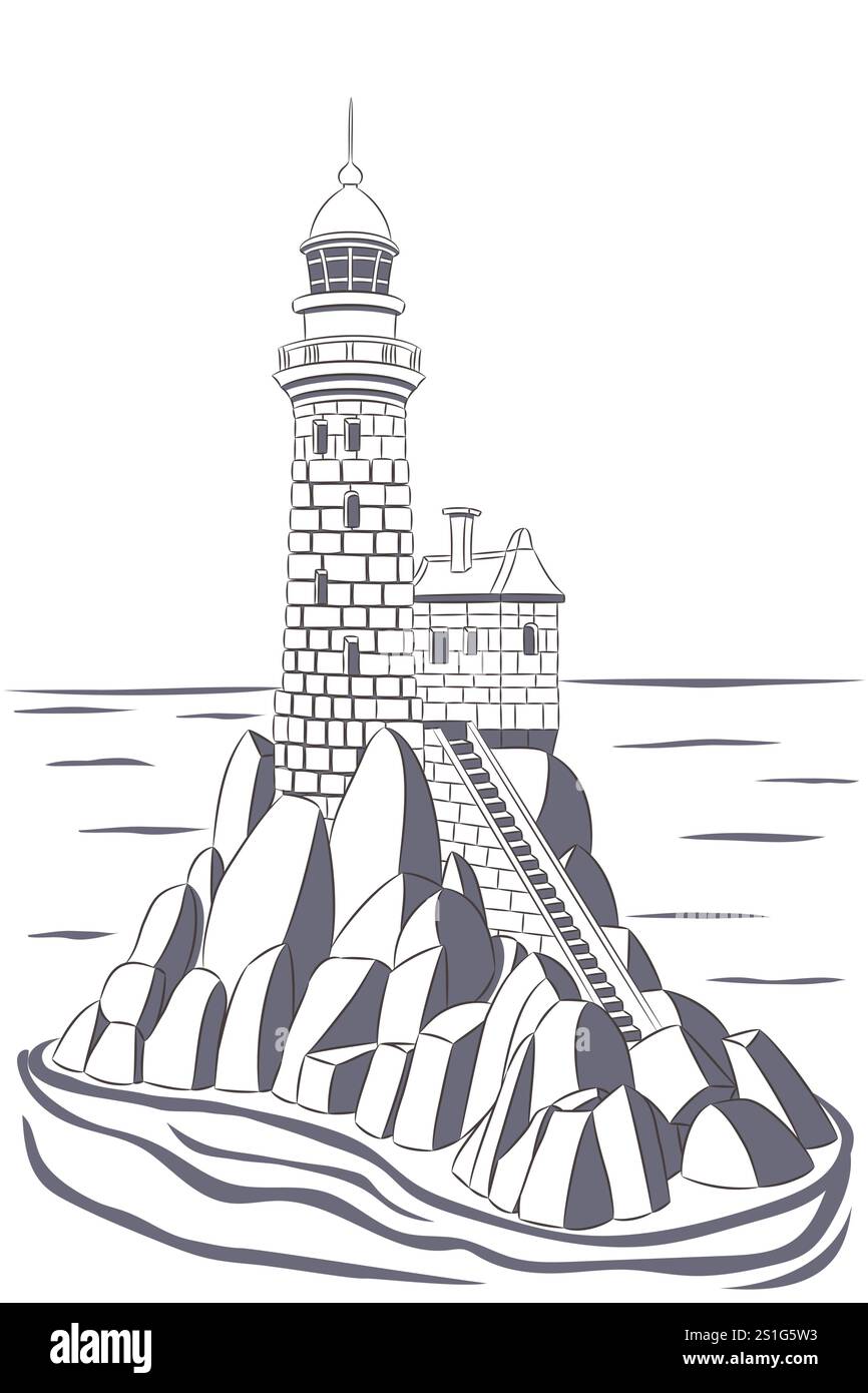 Vector drawing of a stone lighthouse with a house on a high cliff in ...