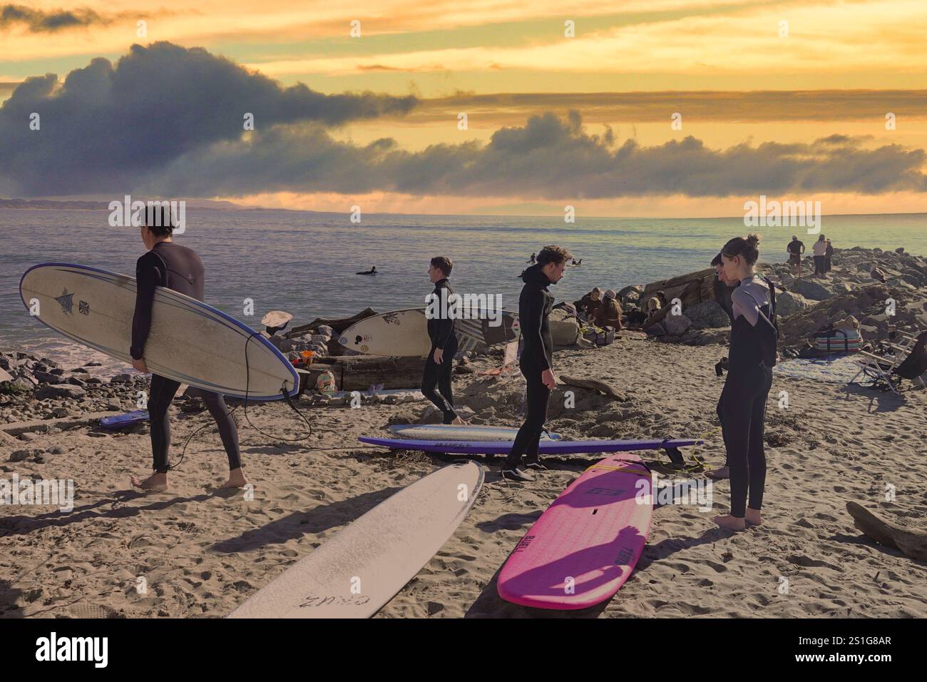 Capitola, California USA - January 2nd, 2024 Local surfers gather in ...