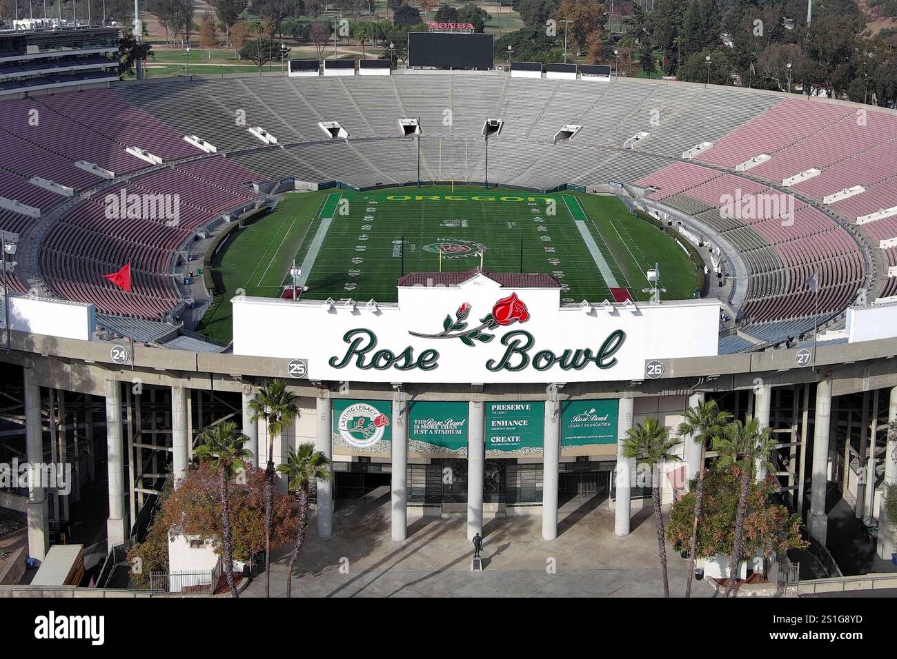 A general overall aerial view of the Rose Bowl Stadium facade, Friday ...