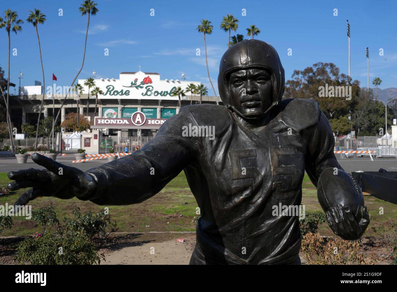 A statue of Jackie Robinson at Rose Bowl Stadium, Friday, Jan. 3, 2025 ...