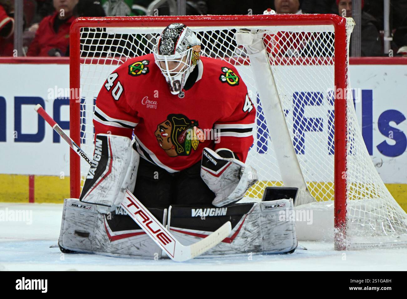 Chicago Blackhawks goalie Arvid Soderblom (40) makes a save during the ...