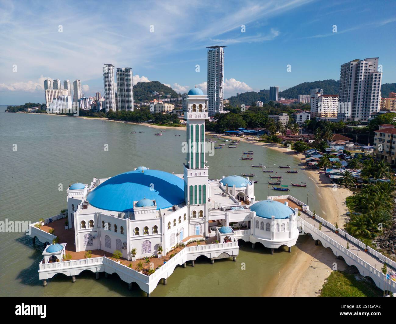 Drone aerial view of the Penang Floating Mosque or Masjid Terapung ...