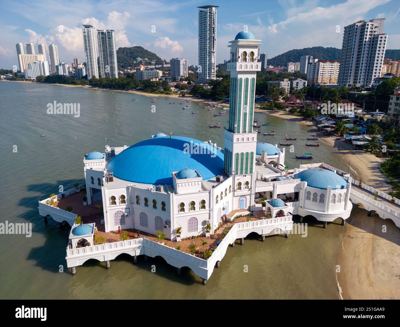 Drone aerial view of the Penang Floating Mosque or Masjid Terapung ...