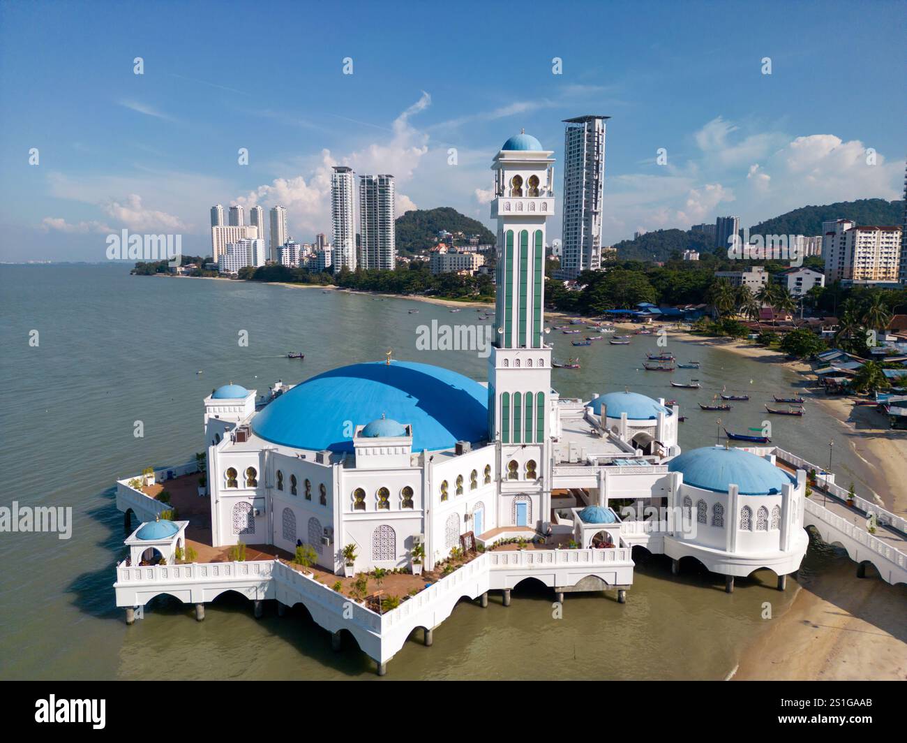 Drone aerial view of the Penang Floating Mosque or Masjid Terapung ...