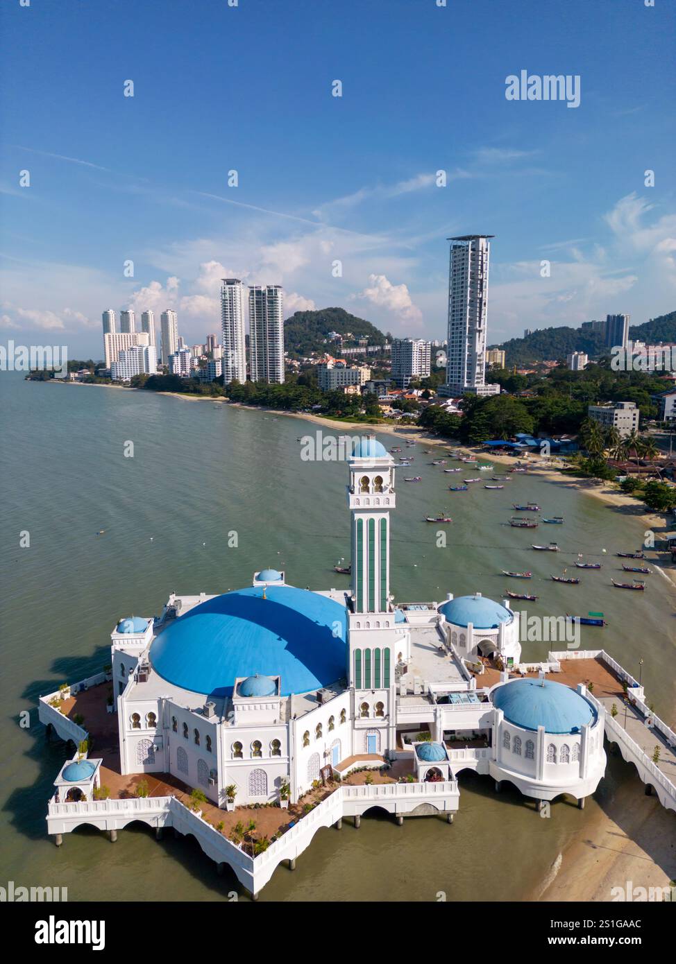Drone aerial view of the Penang Floating Mosque or Masjid Terapung ...
