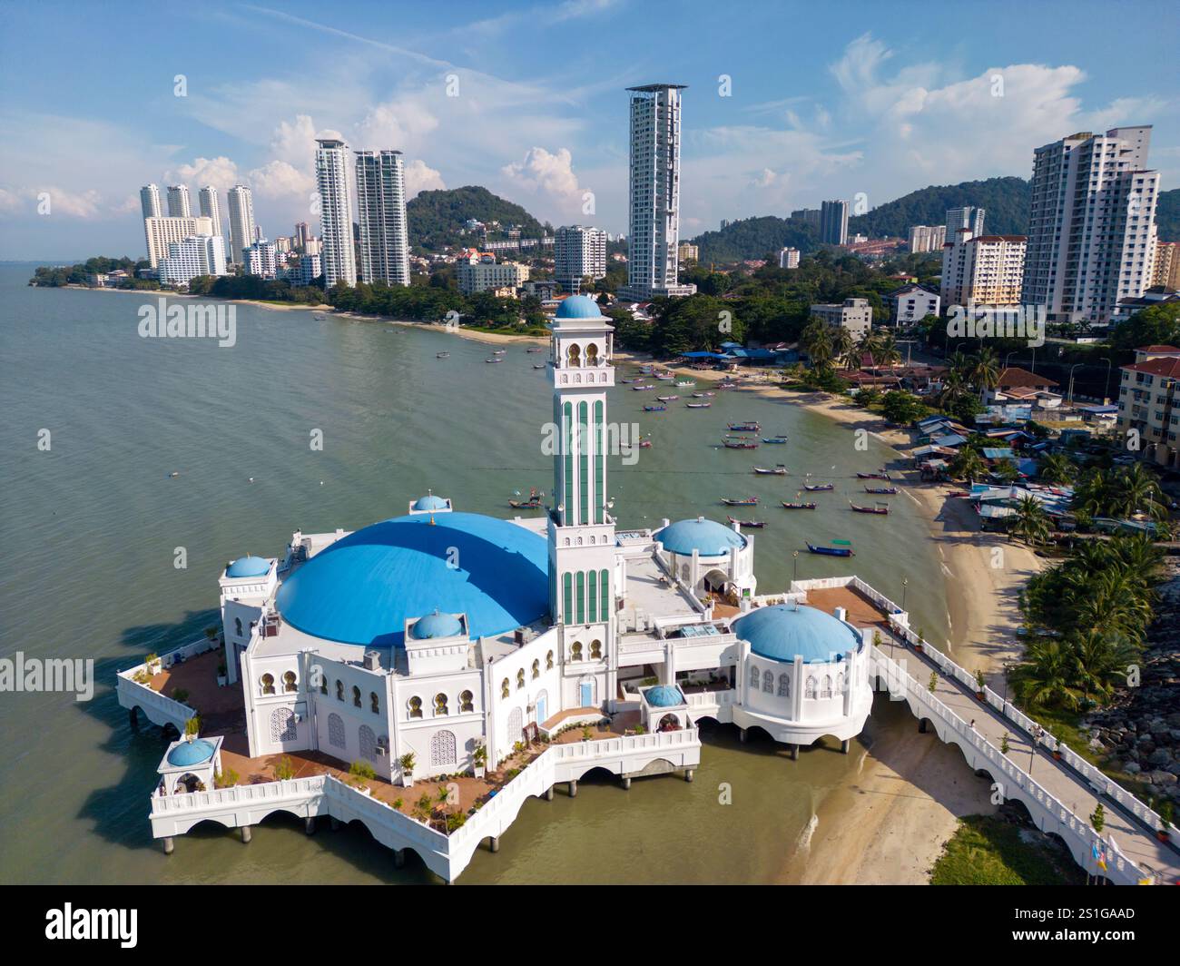 Drone aerial view of the Penang Floating Mosque or Masjid Terapung Pulau Pinang, also known as ...