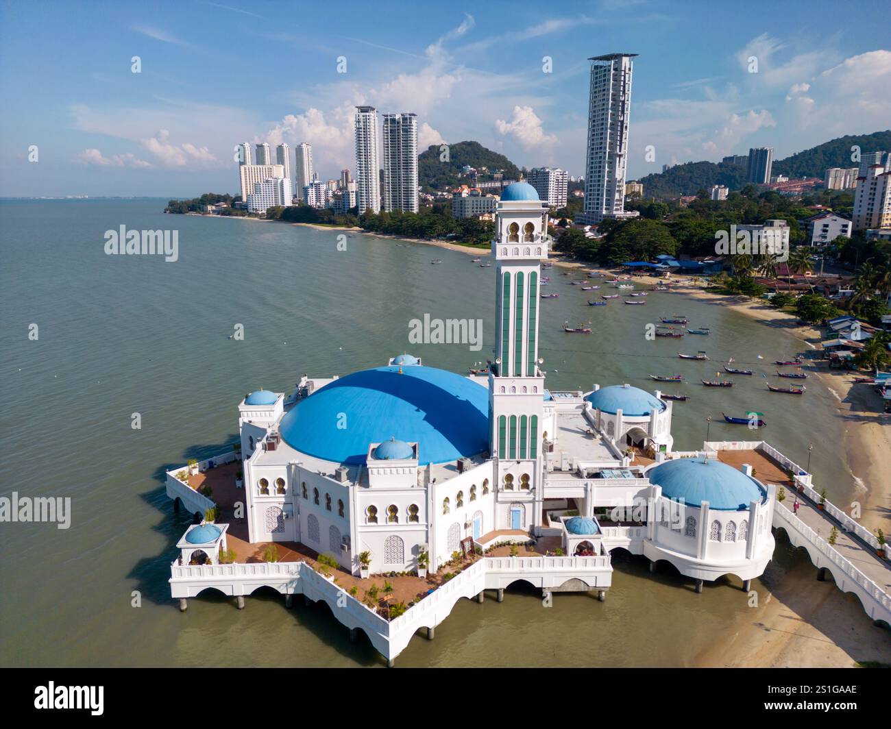 Drone aerial view of the Penang Floating Mosque or Masjid Terapung ...