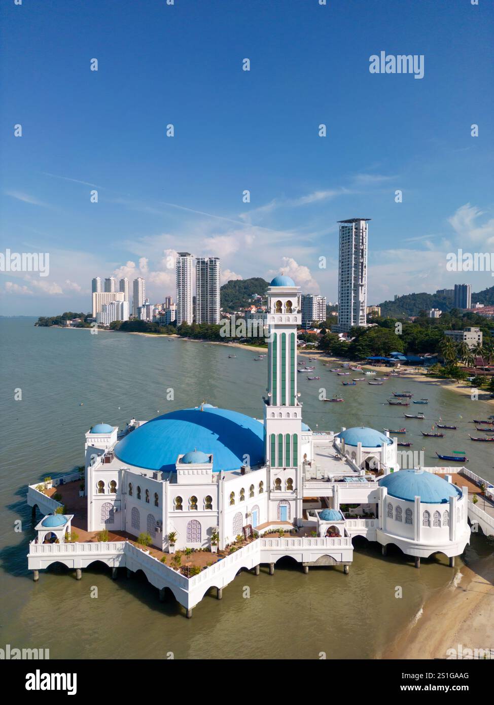 Drone aerial view of the Penang Floating Mosque or Masjid Terapung ...