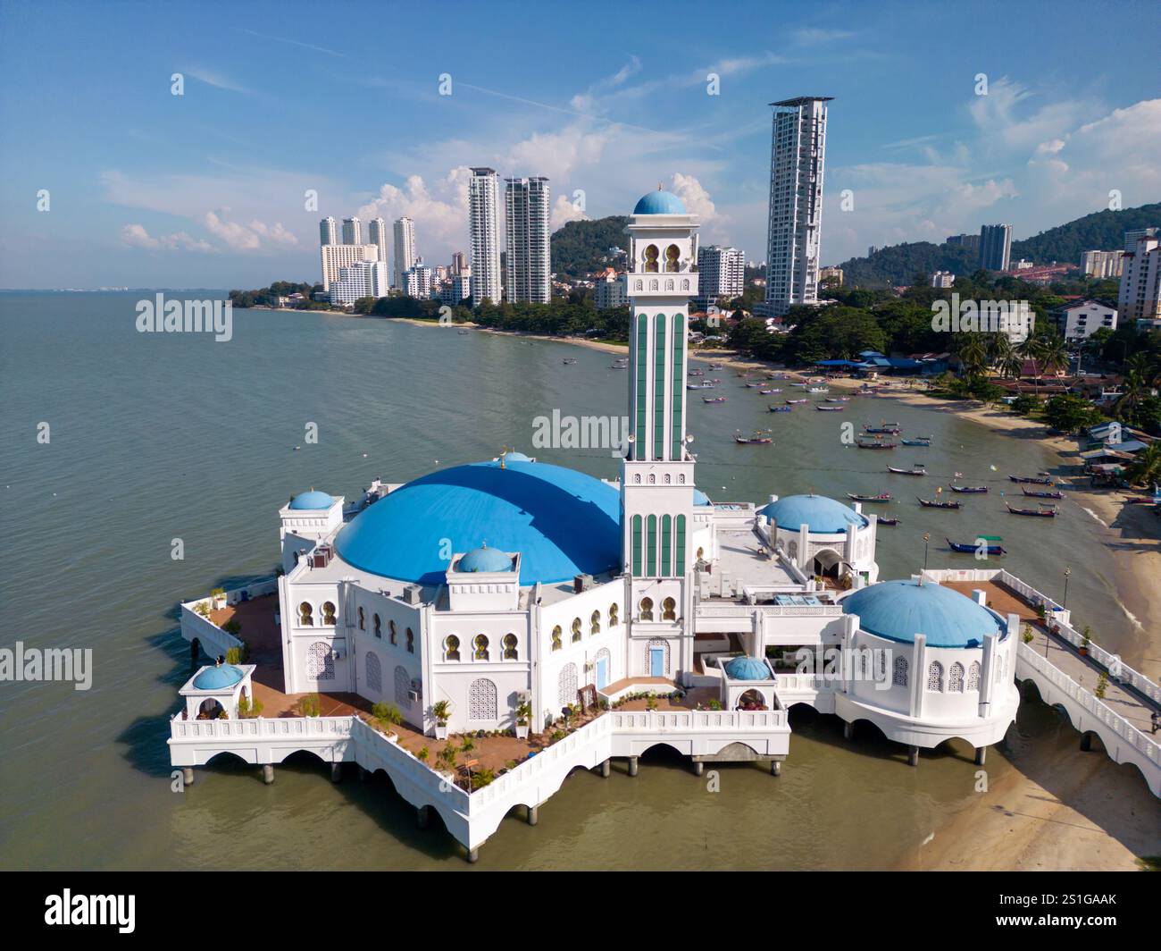 Drone aerial view of the Penang Floating Mosque or Masjid Terapung Pulau Pinang, also known as ...