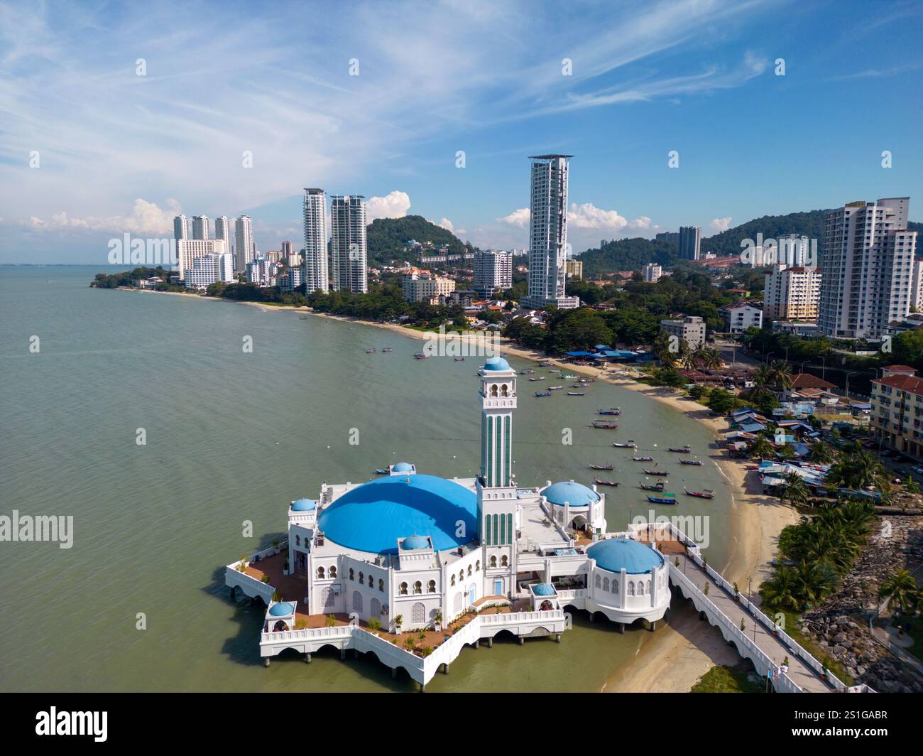 Drone aerial view of the Penang Floating Mosque or Masjid Terapung ...