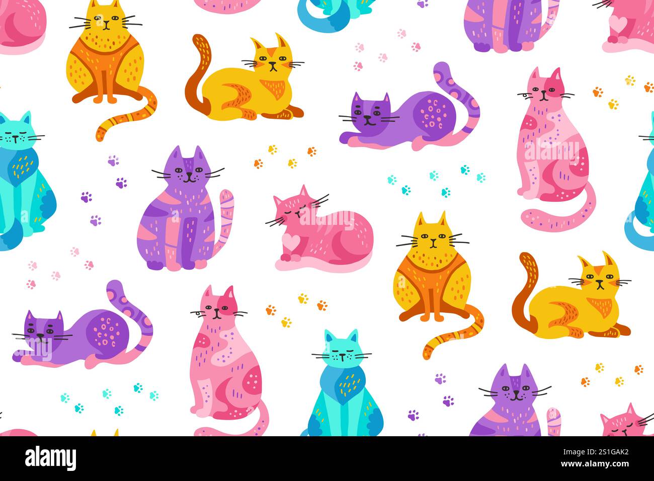 Cats hand drawn childish endless pattern. Cute cartoon kitten repeat ...