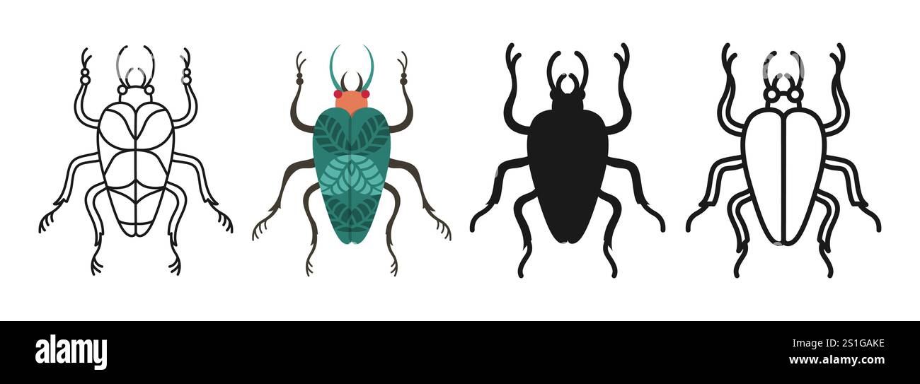 Abstract bug linear icon. Beetle symbol cartoon set. Stylized folk art ...