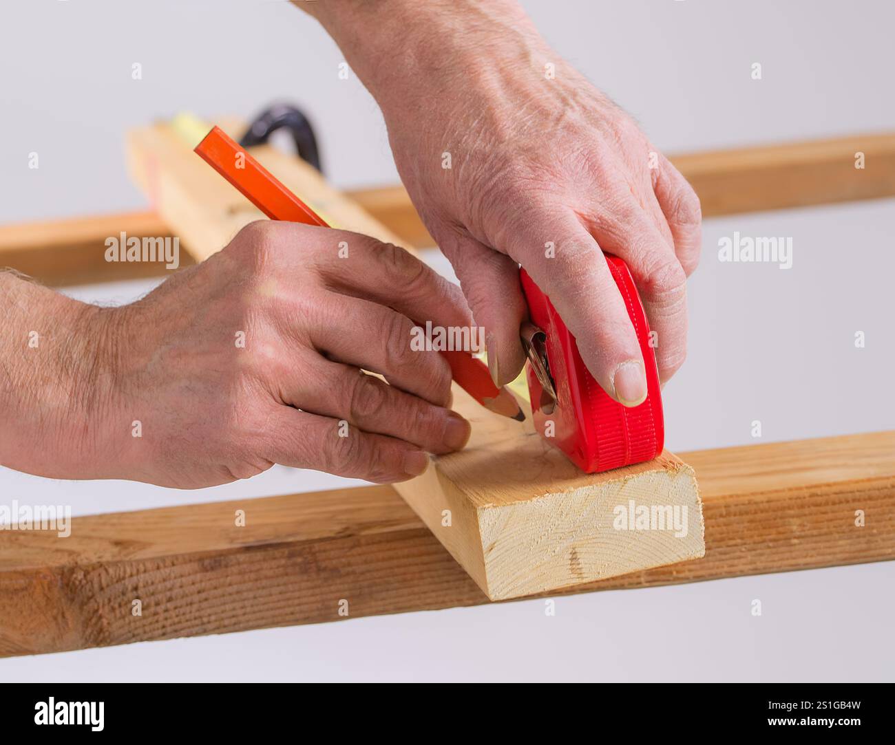 Tools for construction job site measure tape for cut Stock Photo - Alamy
