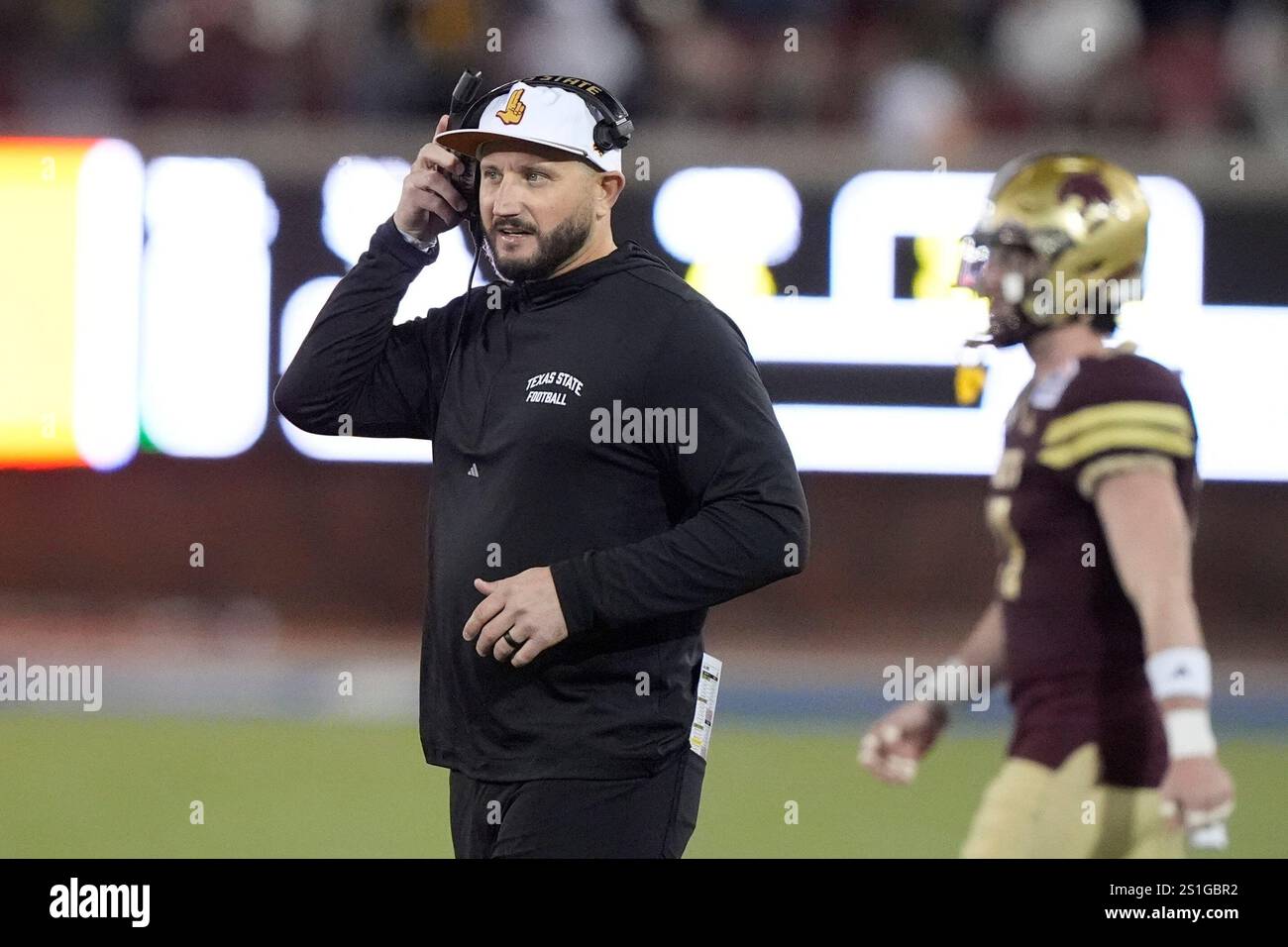Texas State head coach GJ Kinne looks on from the sidelines during the ...