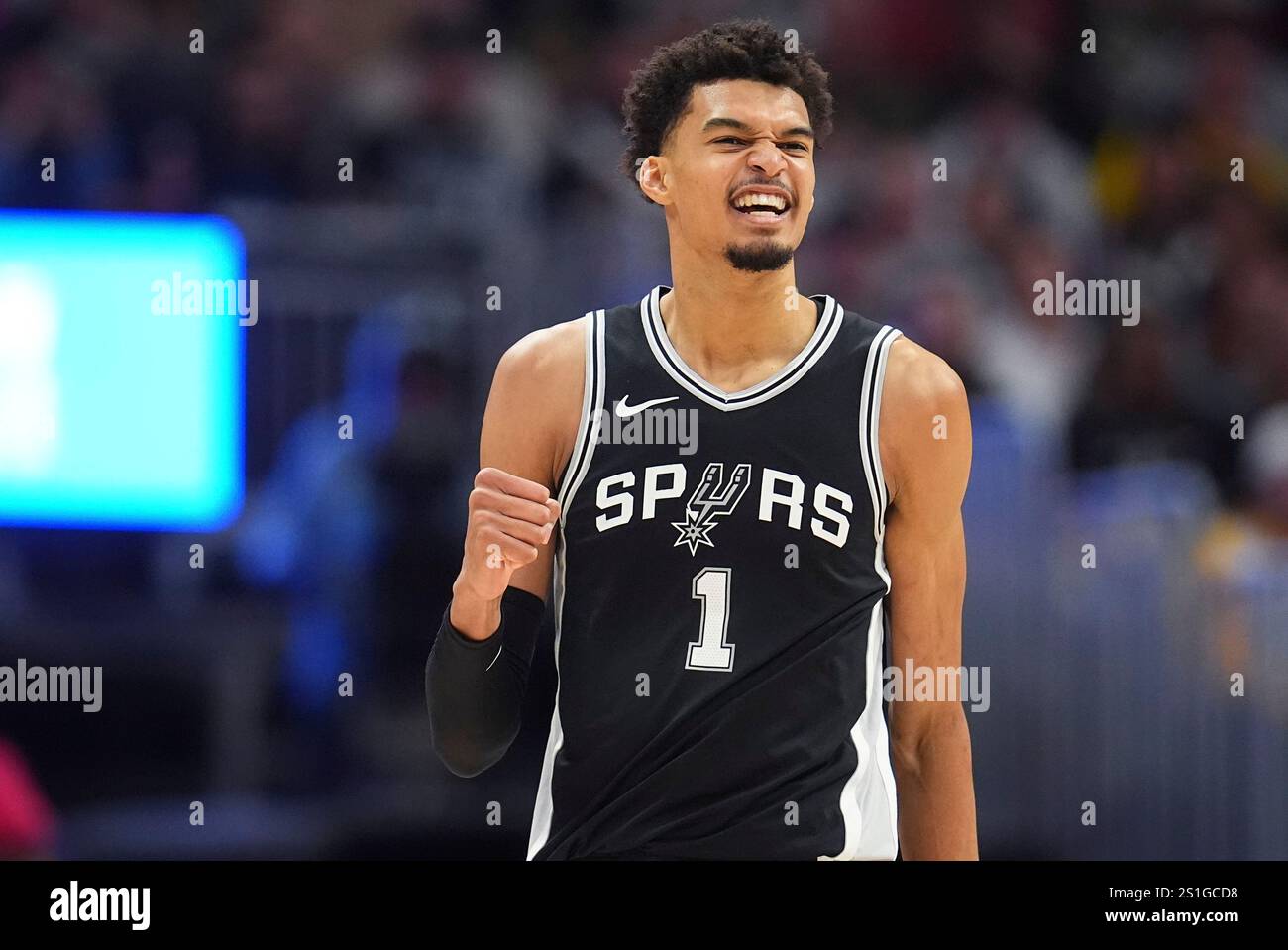 San Antonio Spurs center Victor Wembanyama gestures to the bench after ...
