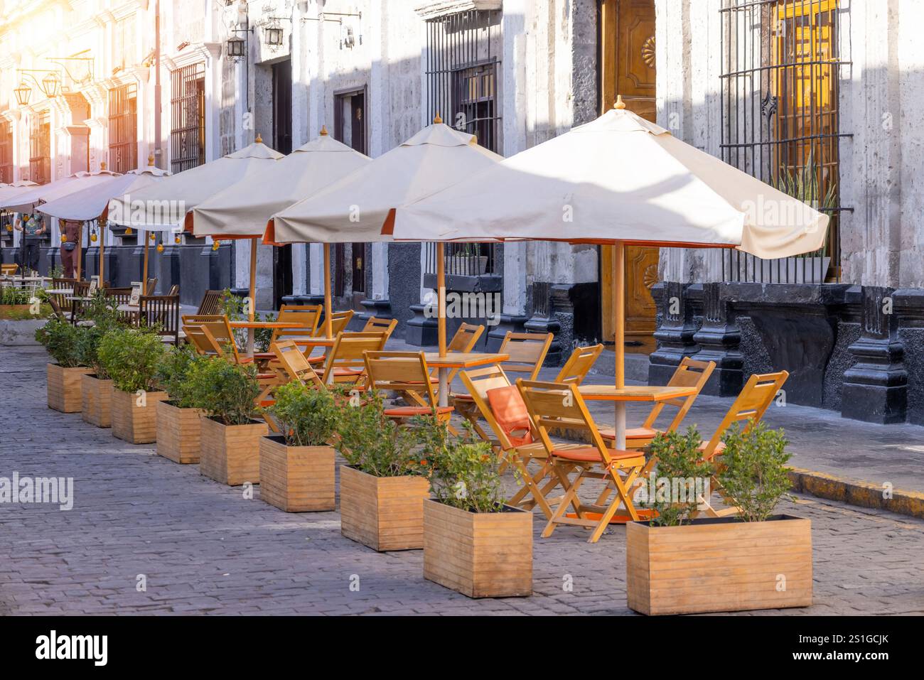 Peru, Colorful restaurants and colonial buildings of Arequipa in ...