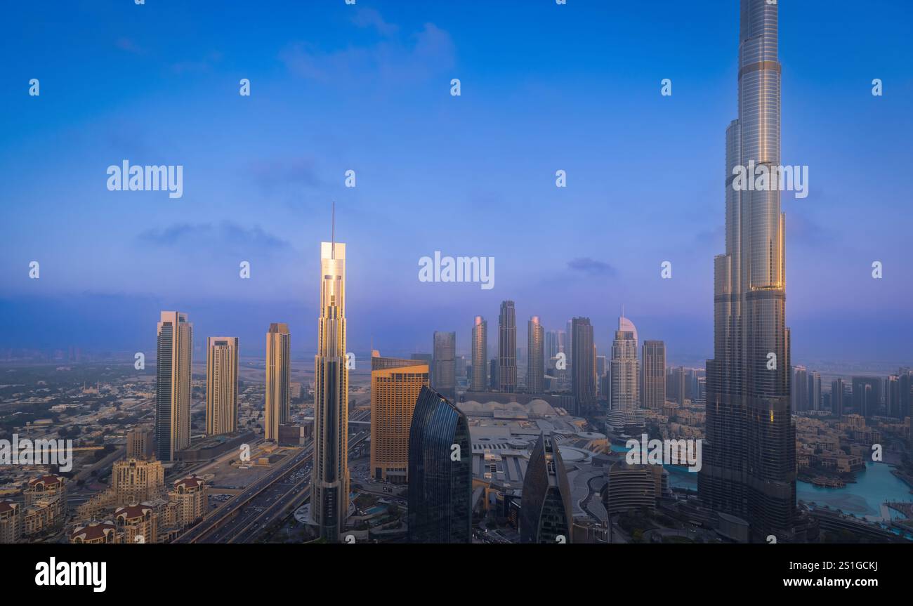 UAE, Dubai panoramic skyline view of city downtown and business ...