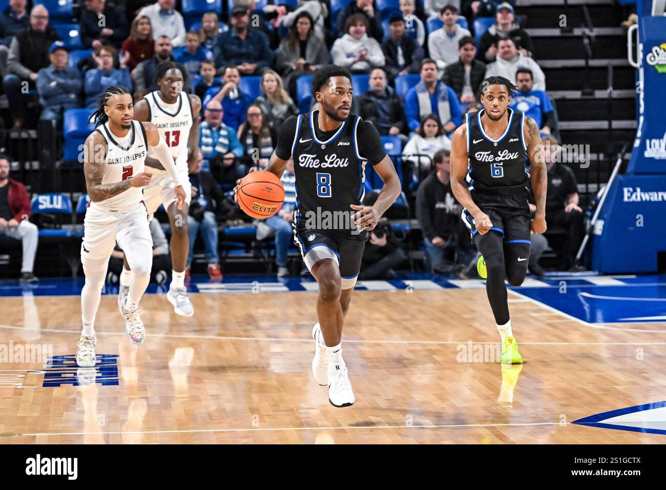 JANUARY 03, 2025: Saint Louis Billikens guard Kobe Johnson (8) leads a fast brake in a regular ...