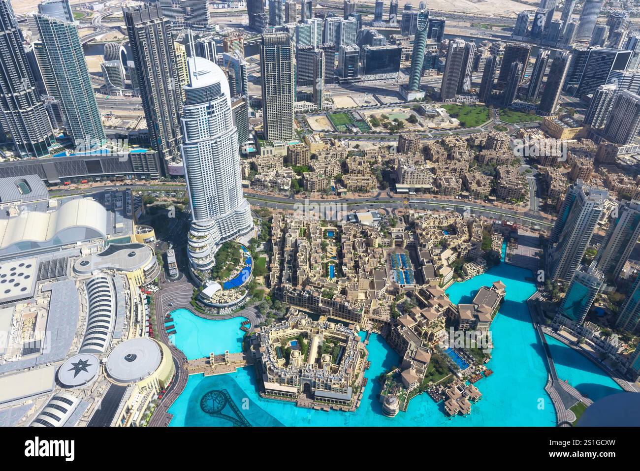 UAE, Dubai panoramic skyline view from Burj Khalifa of city downtown ...