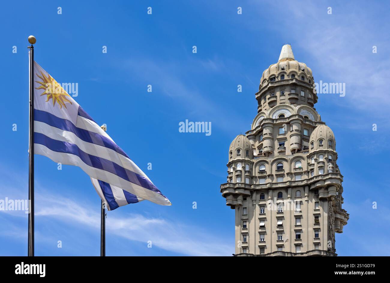 Uruguay flag, Montevideo Independence Square in historic city center, a ...