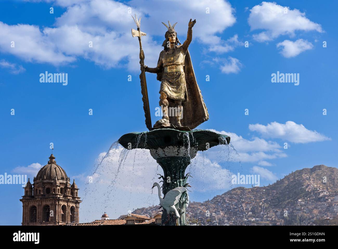 Peru, Cusco, The Statue of Pachacuti on Central Plaza de Armas square ...