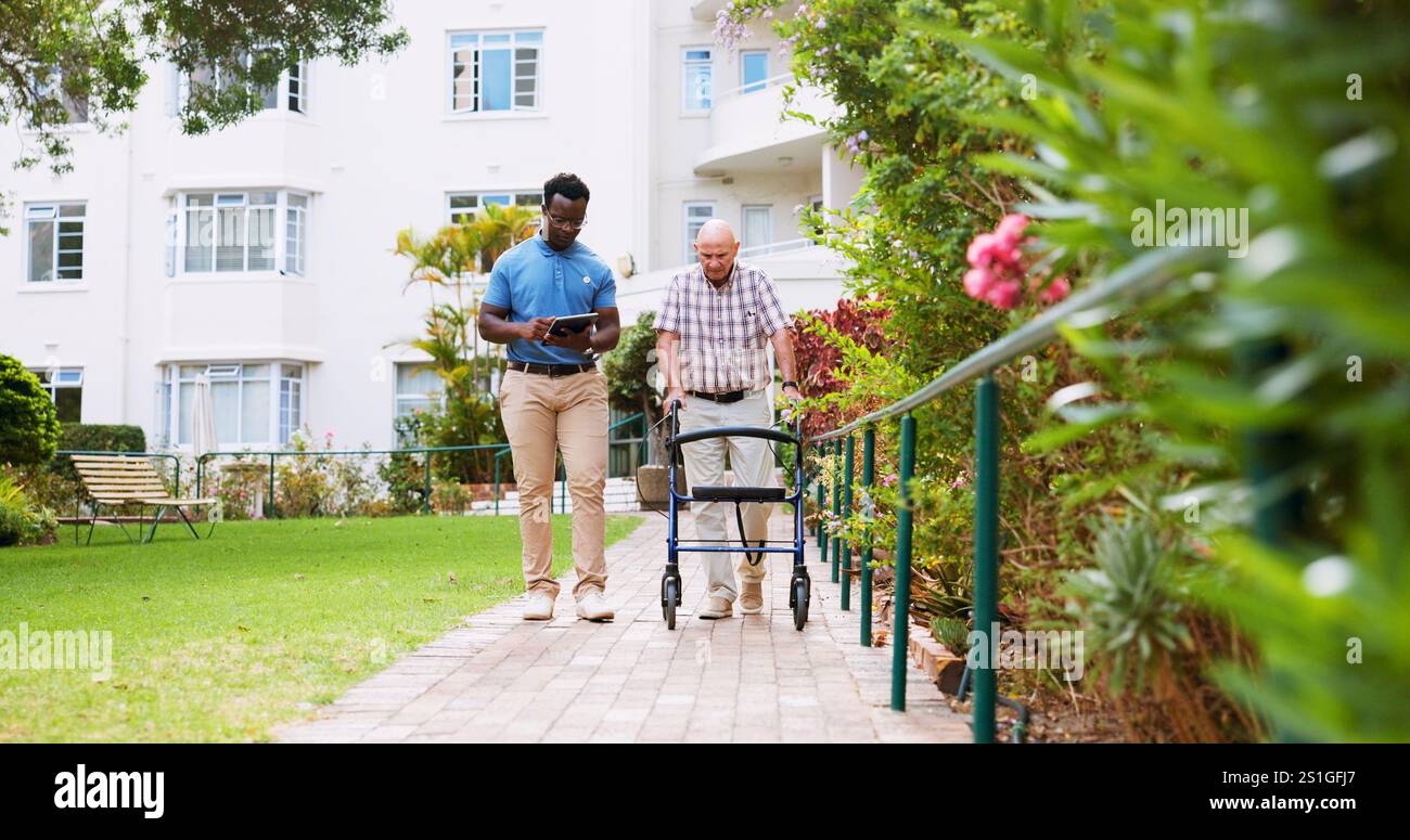 Caregiver, medical and tablet with old man and walker for ...