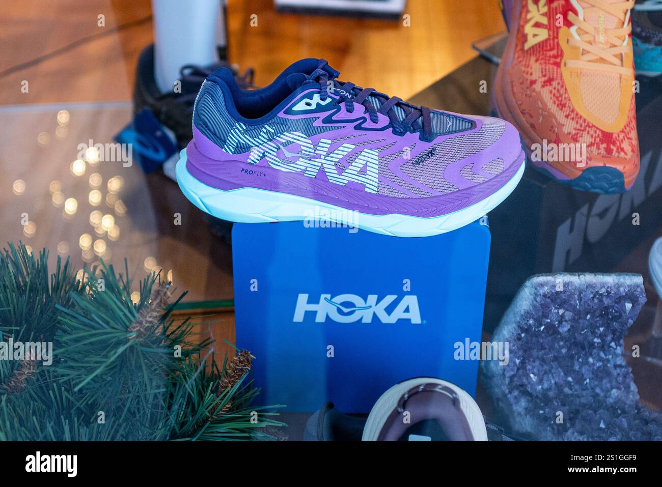 Close up photo of a purple Hoka shoe in a window display at a shoe ...