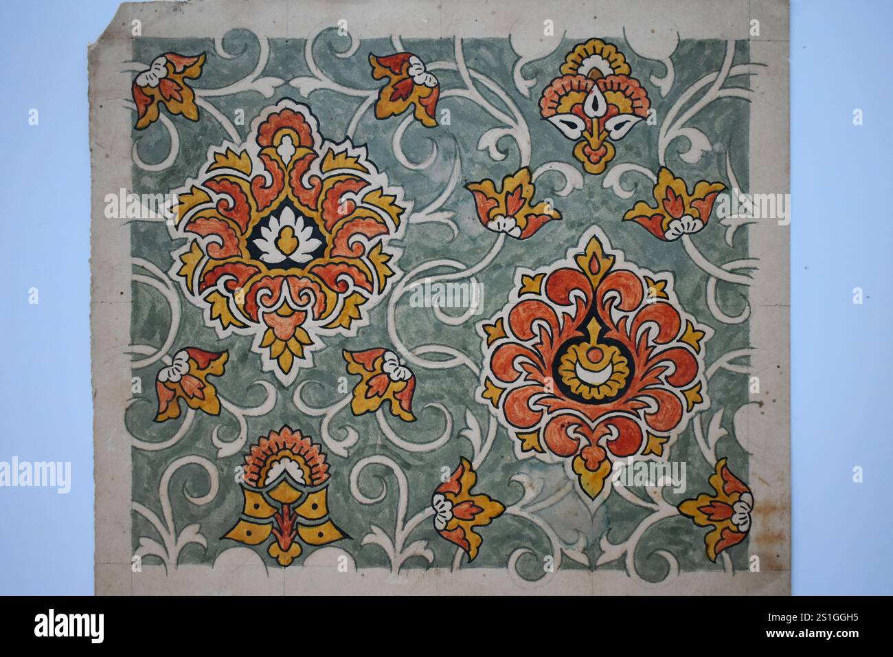 Vintage Indian hand-painted textile design of flowers and foliage on ...