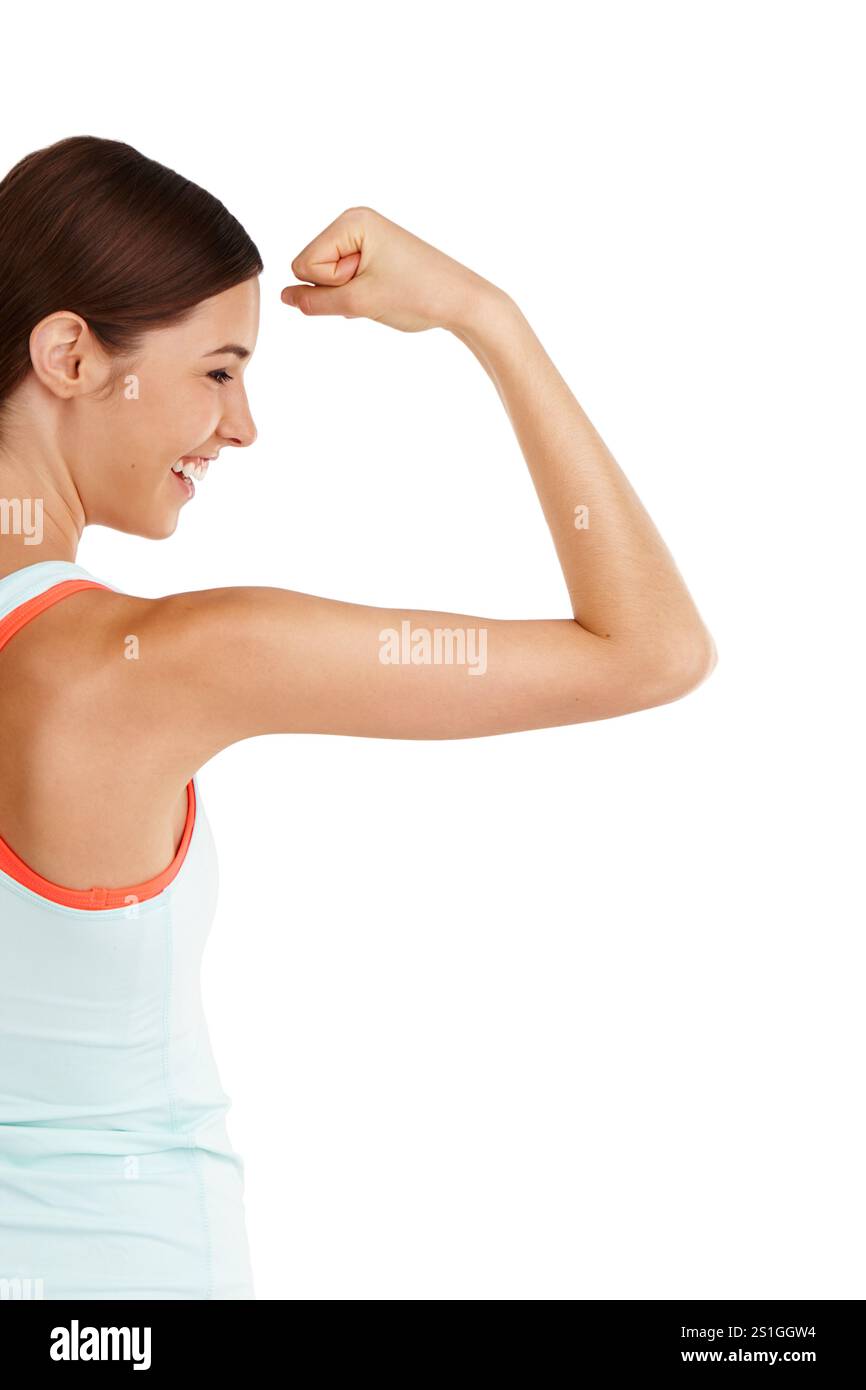 Fitness, woman and arms with muscles in studio for workout goals, body ...