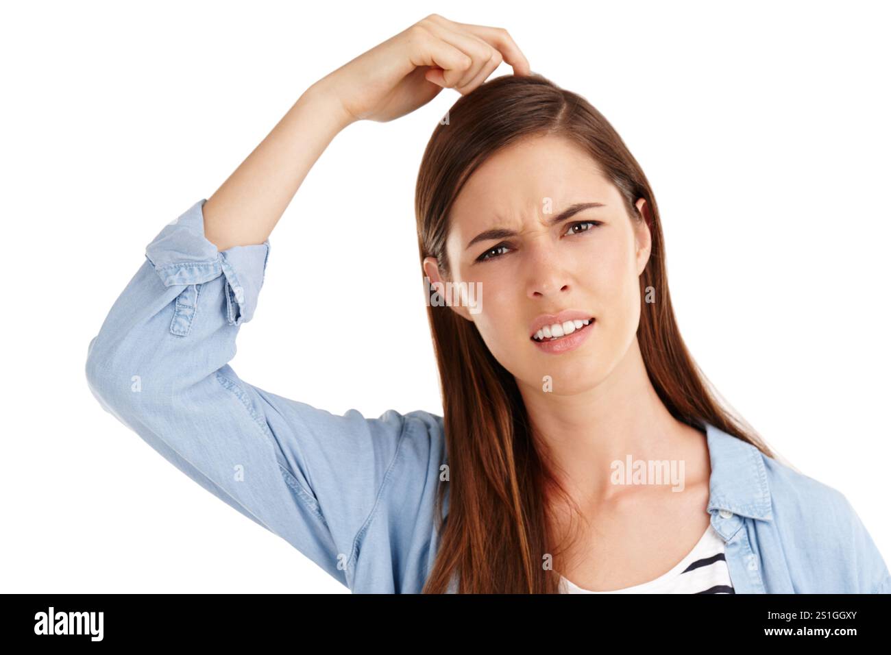 Woman, portrait and confused in studio, scratching head and doubt for ...