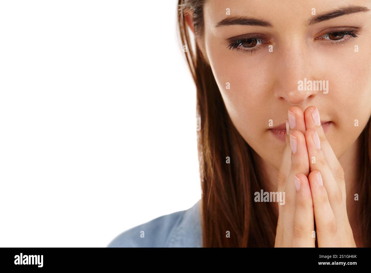 Woman, thinking and praying in studio for faith, spiritual reflection ...