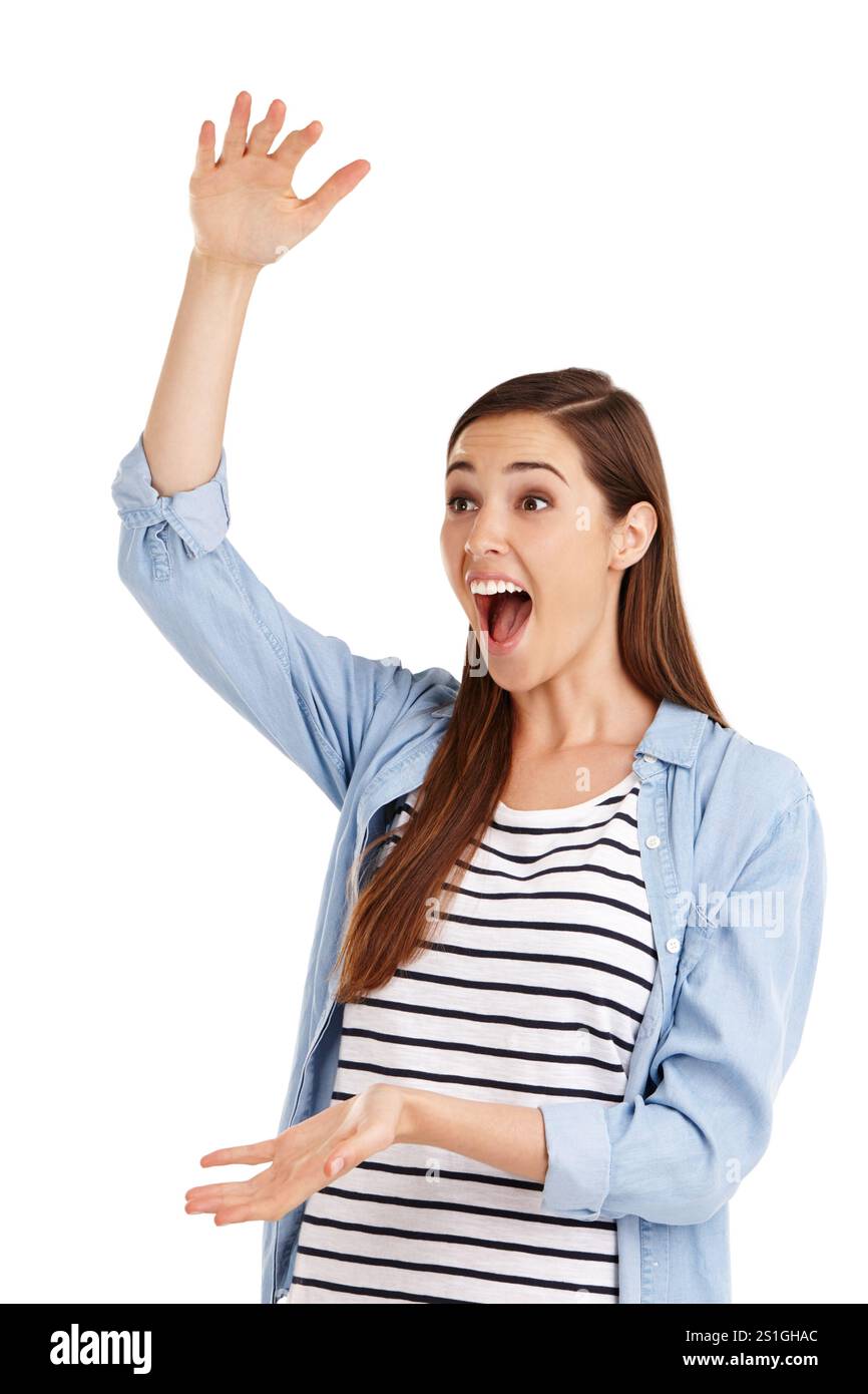 Woman, hands and excited by scale in studio, wow and surprise for ...