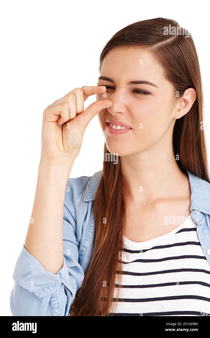 Hand gesture, studio and woman with small size sign, little pinch or ...